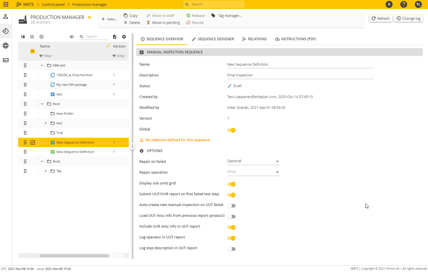 Create and manage Manual Inspection sequences – WATS Support Center